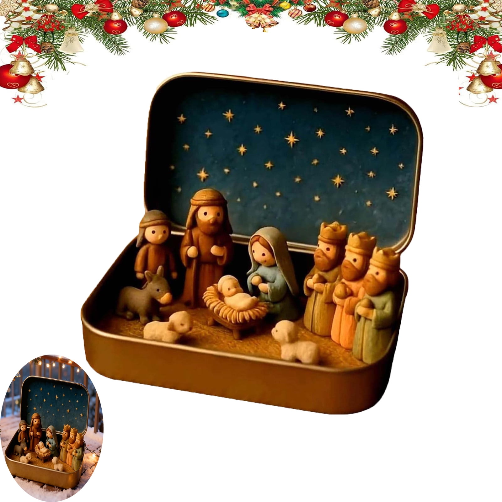 Mini Christmas Nativity Set in a Tin Box,Portable 3D Scene Decoration ...