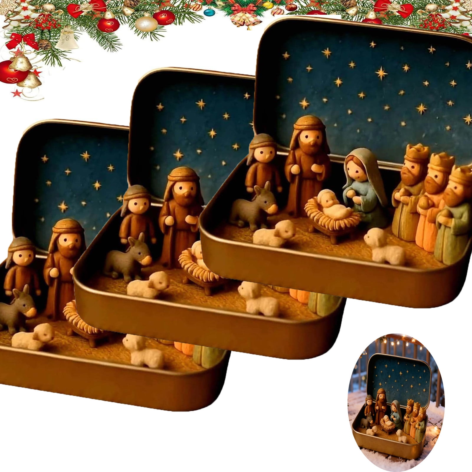 Mini Christmas Nativity Set in a Tin Box,Portable 3D Scene Decoration ...