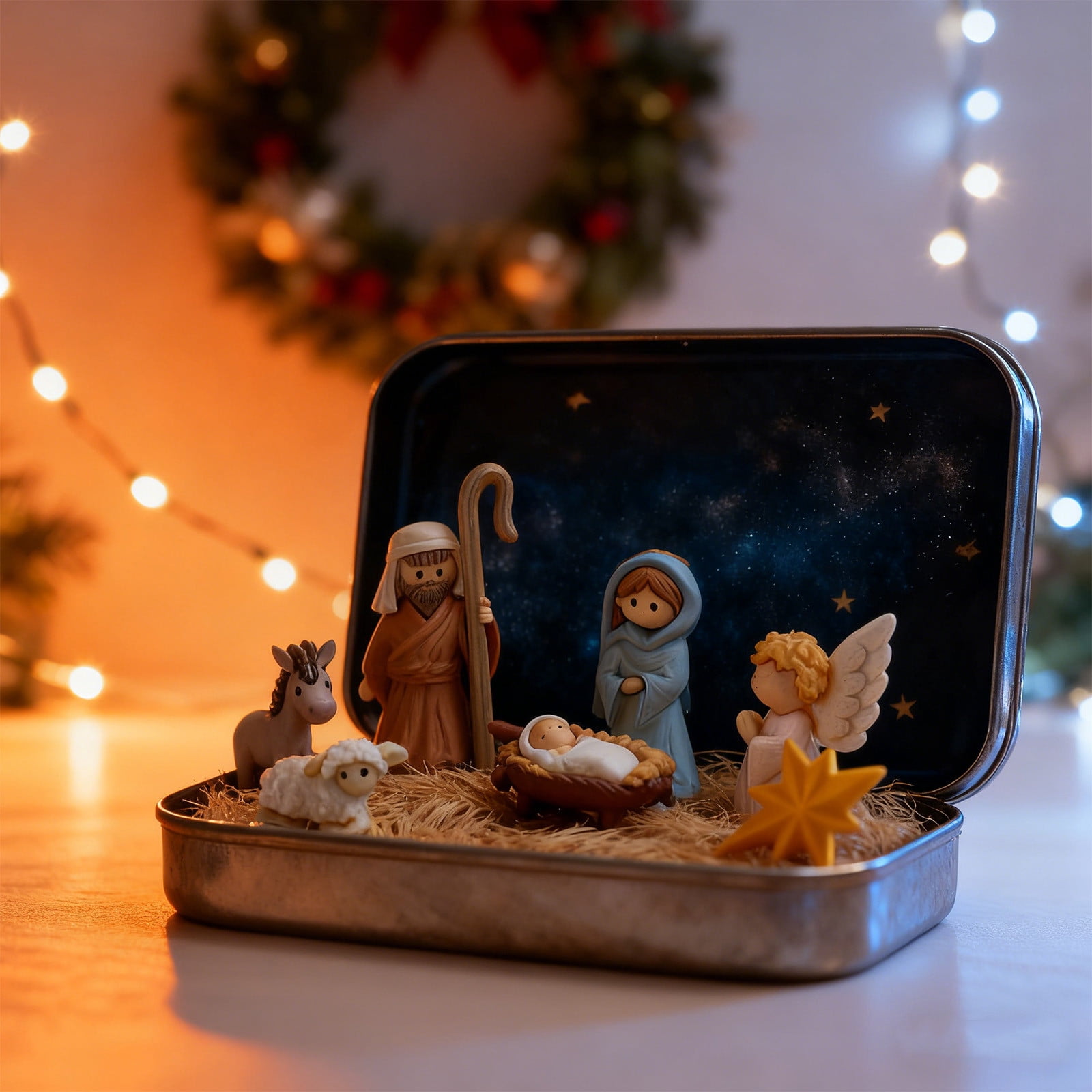 Mini Christmas Nativity Set in a Tin Box, Portable Pocket Nativity ...