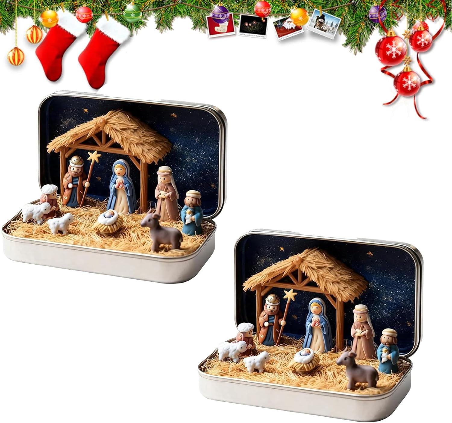 Mini Christmas Nativity Set in Tin Box, Portable Xmas Decoration ...