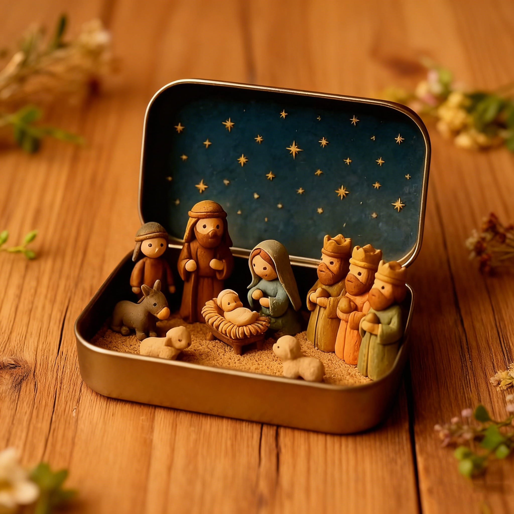 Mini Christmas Nativity Set in a Tin Box, 3D Decorative Figurines ...