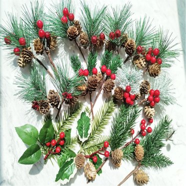 20 Pcs Snow Covered Pine Needles Branches with Red Berry Stems Mini ...