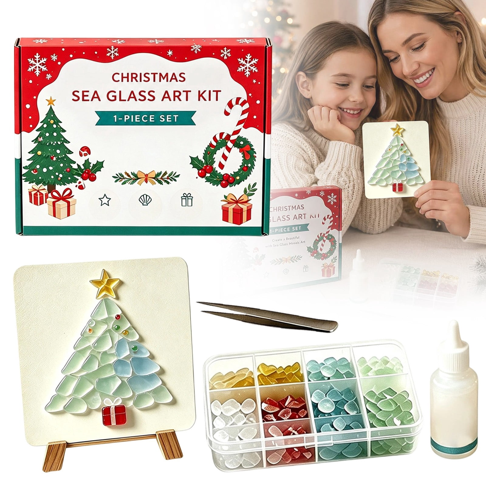 Mini Christmas Tree Art Kit, 3.94 Inch Sea Glass Style Mosaic Craft ...