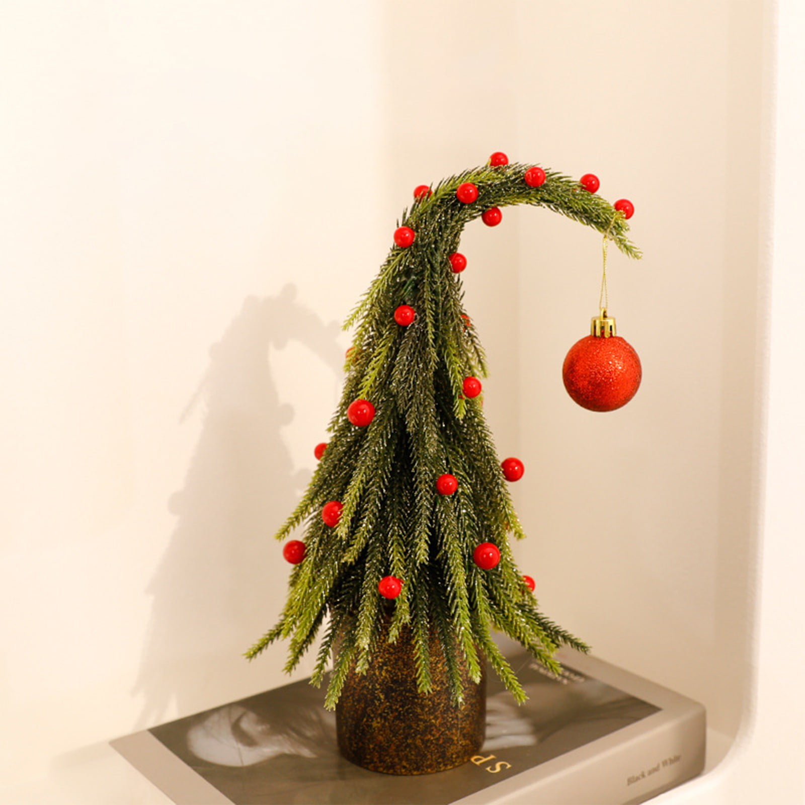 Mini Christmas Tree With Crooked Trunk, Holiday Potted Decoration, Xmas ...