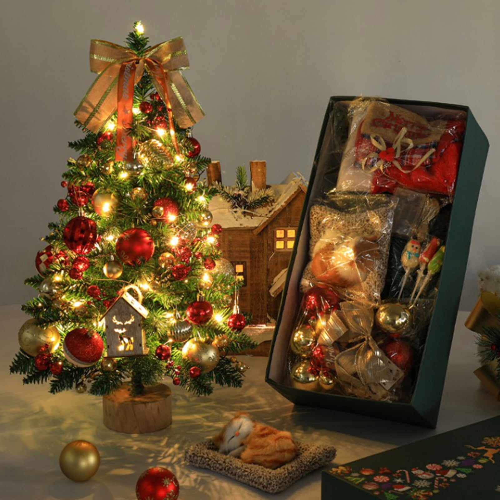 Mini Christmas Tree with LED Lights Hanging Ornaments DIY Desktop Xmas ...