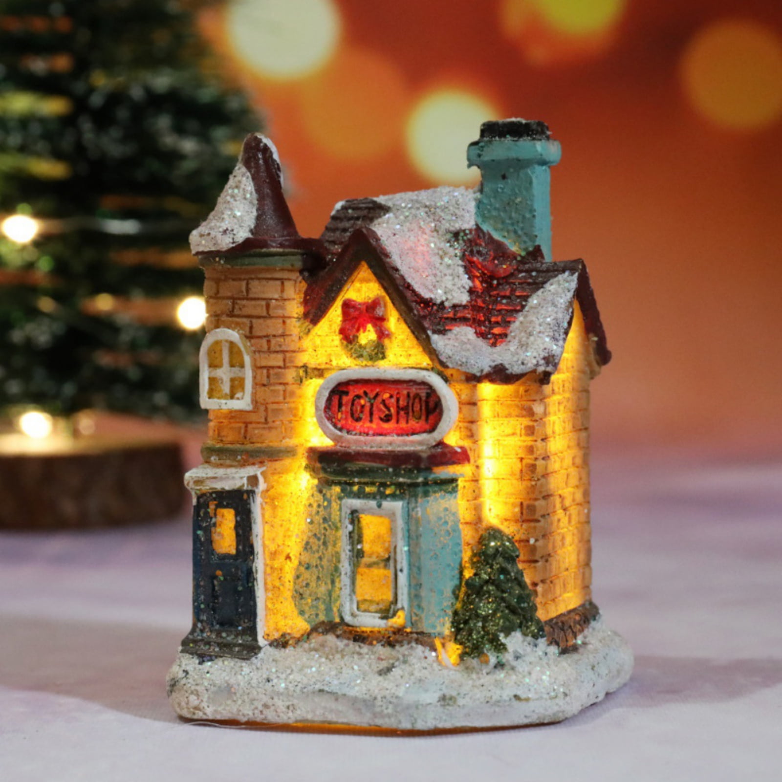 Mini Christmas Village Scene, Led Light up Resin House Battery Operated ...