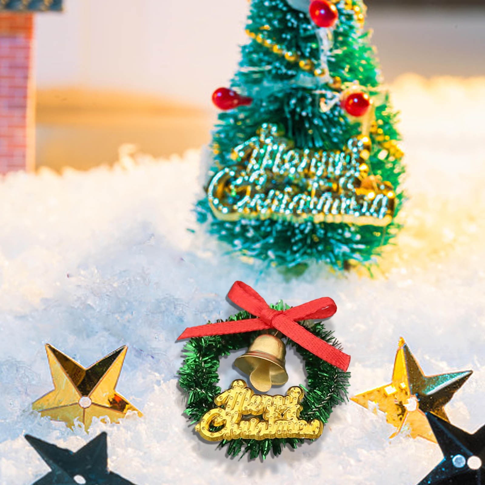 Mini Christmas Wreath with Bells and Red Bow, Small Holiday Decor for ...