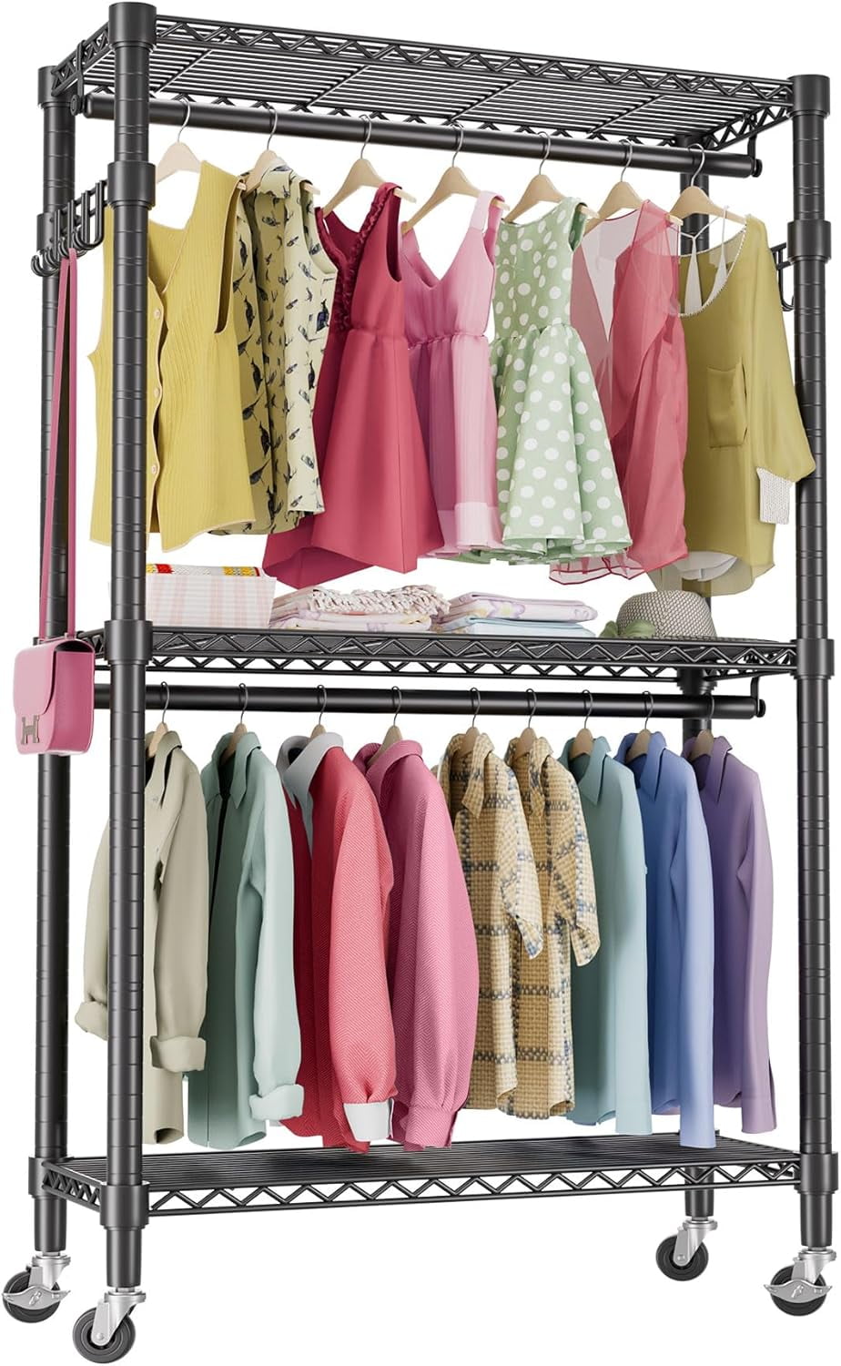 Mini Clothing Rack Heavy Duty Clothes Rack with Wheels 3 Tiers Wire ...