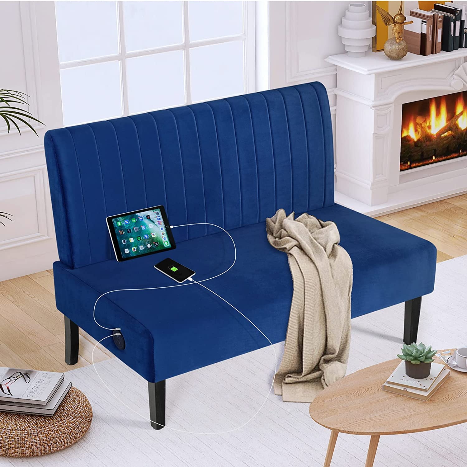 Mini Comfy Couch Armless Loveseat Sofa with USB Port, Navy Blue ...