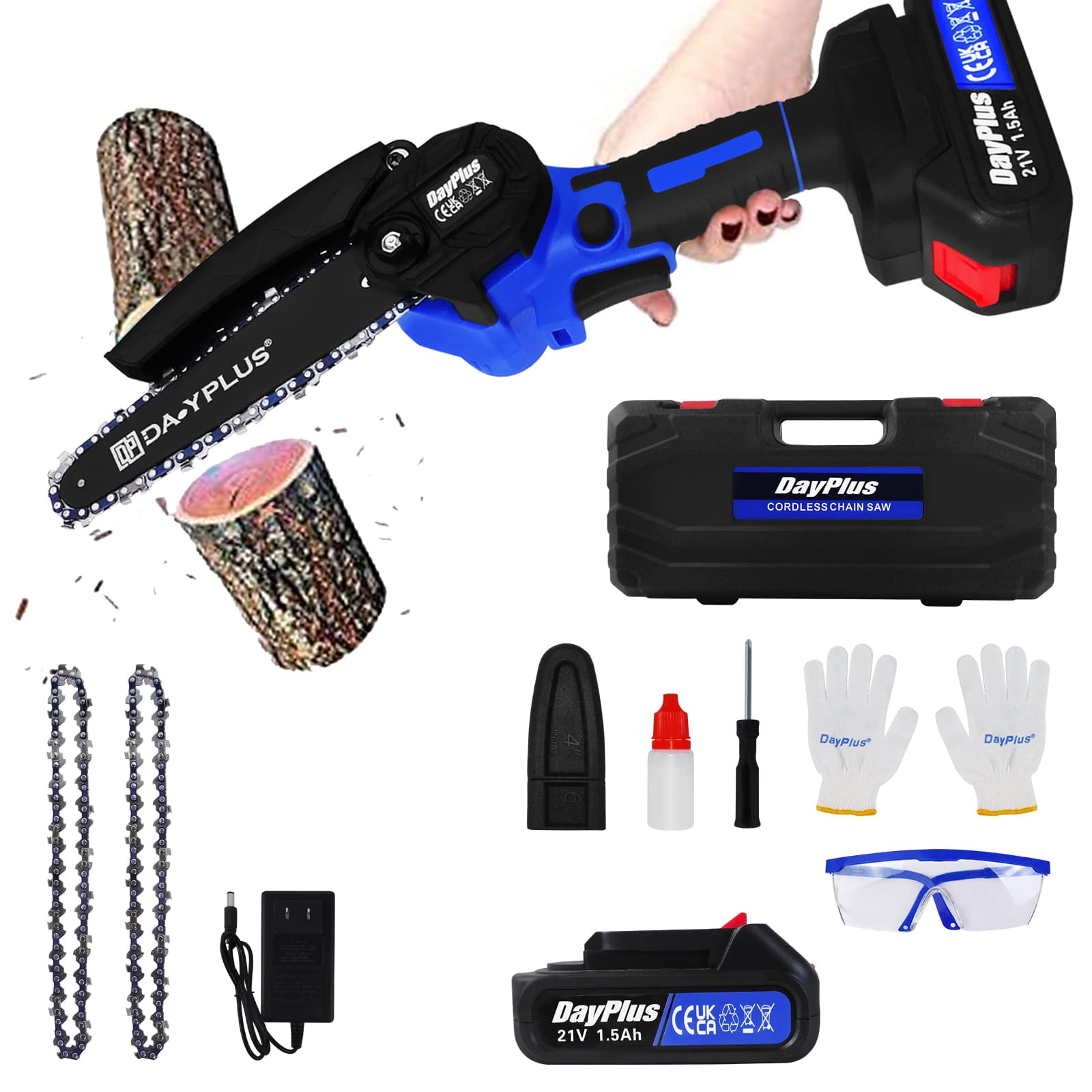 Mini Cordless Chainsaw 6" Electric One-Hand Saw, 21V Battery Powered ...