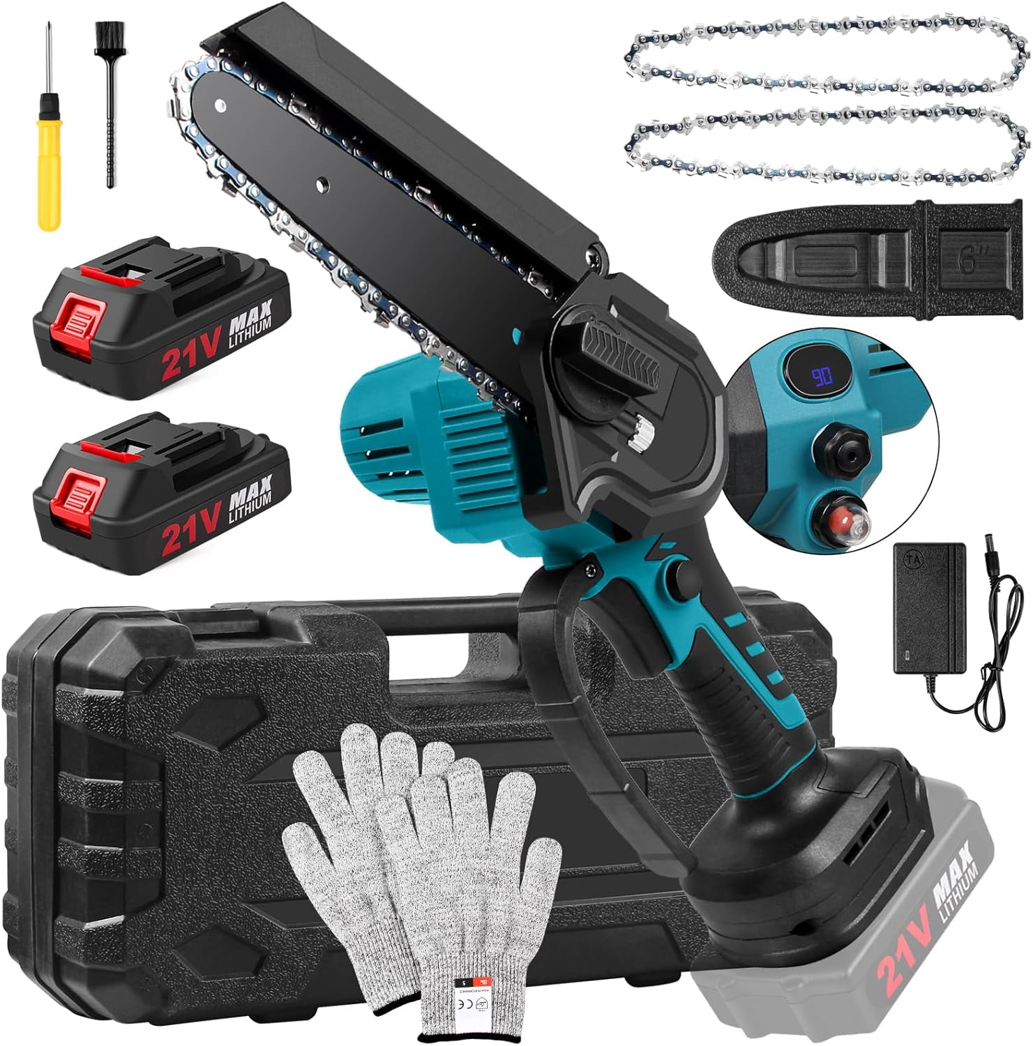 Mini Cordless Electric Chainsaw with 2 Batteries & 3 Chains, 6 Inch ...