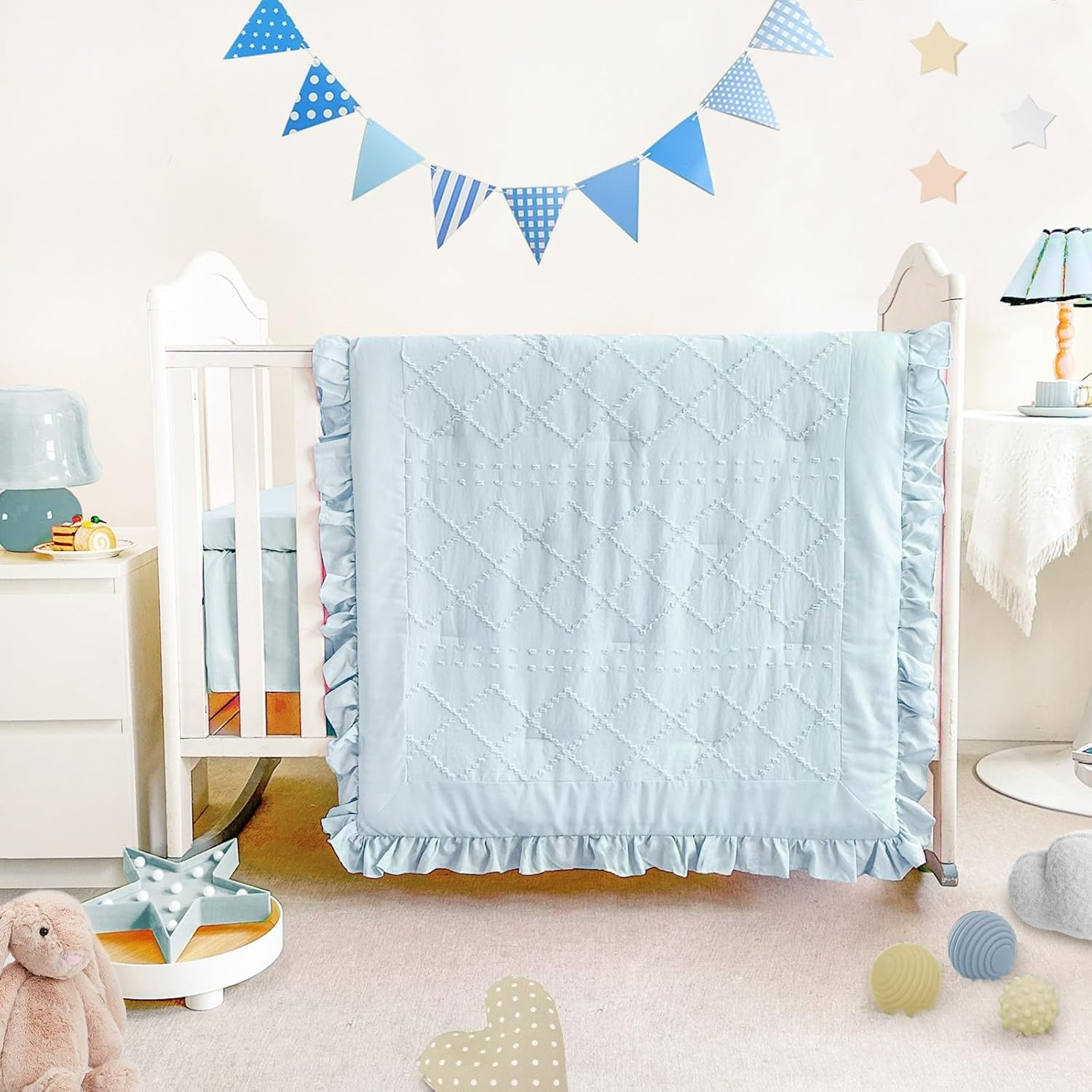 Mini Crib Bedding Set for Girls, 3 Piece Tufted Jacquard Ruffle Fringe ...