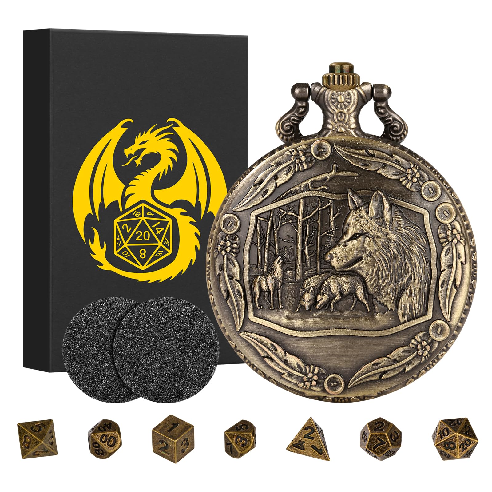 Mini DND Dice Set OIF8 with Steampunk Wolf Pocket Watch Shell Case ...