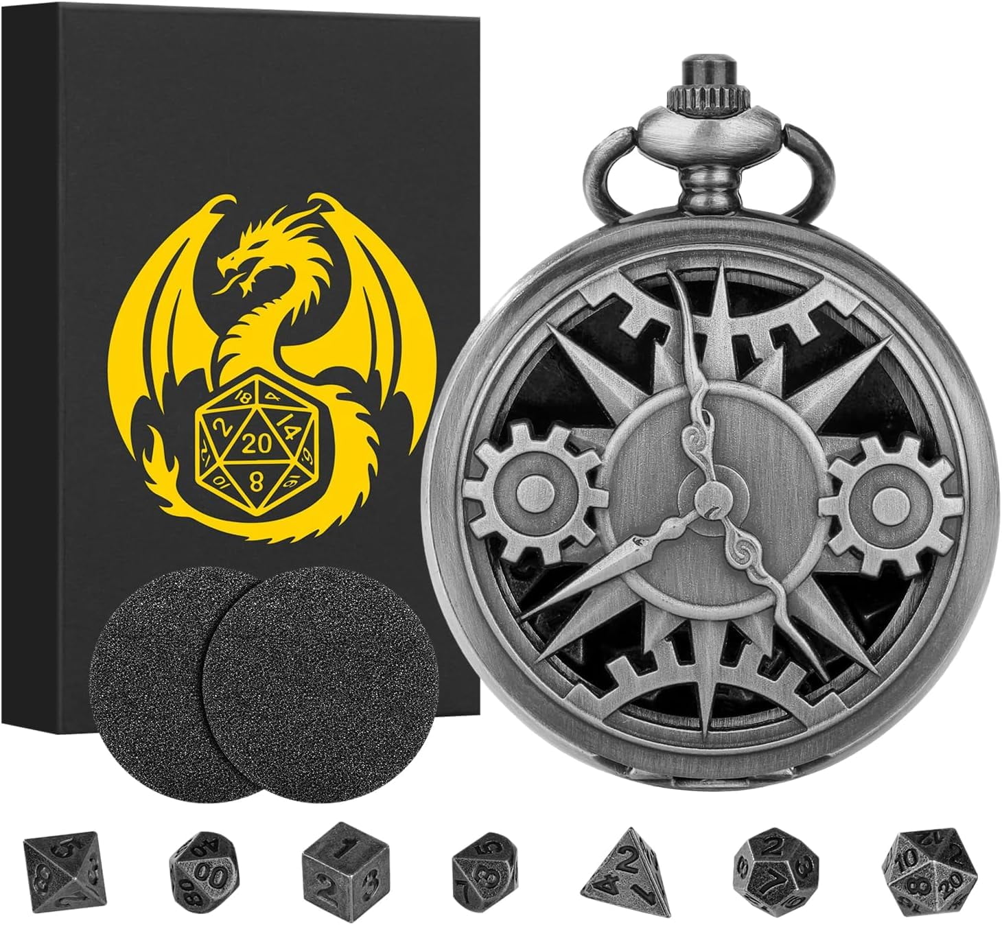 Mini DND Dice Set with Steampunk Hollow Pocket Watch Shell Case, 7pcs ...