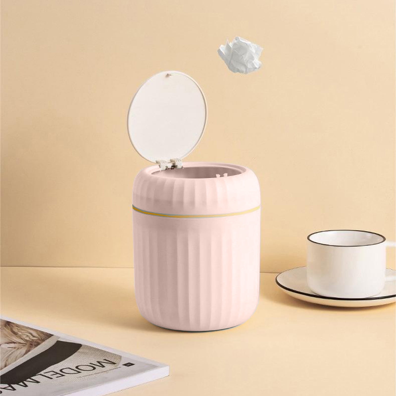 Mini Desk Trash Can with Swing-Top Lid, 0.5 Gallon Small Table Round ...
