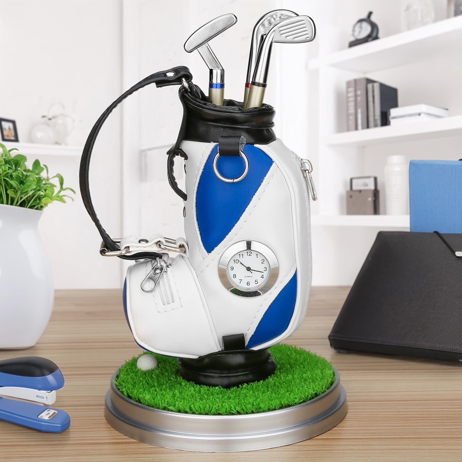 Mini Desktop Golf Bag Pen Holder with Golf pens Clock 6-Piece Set of ...