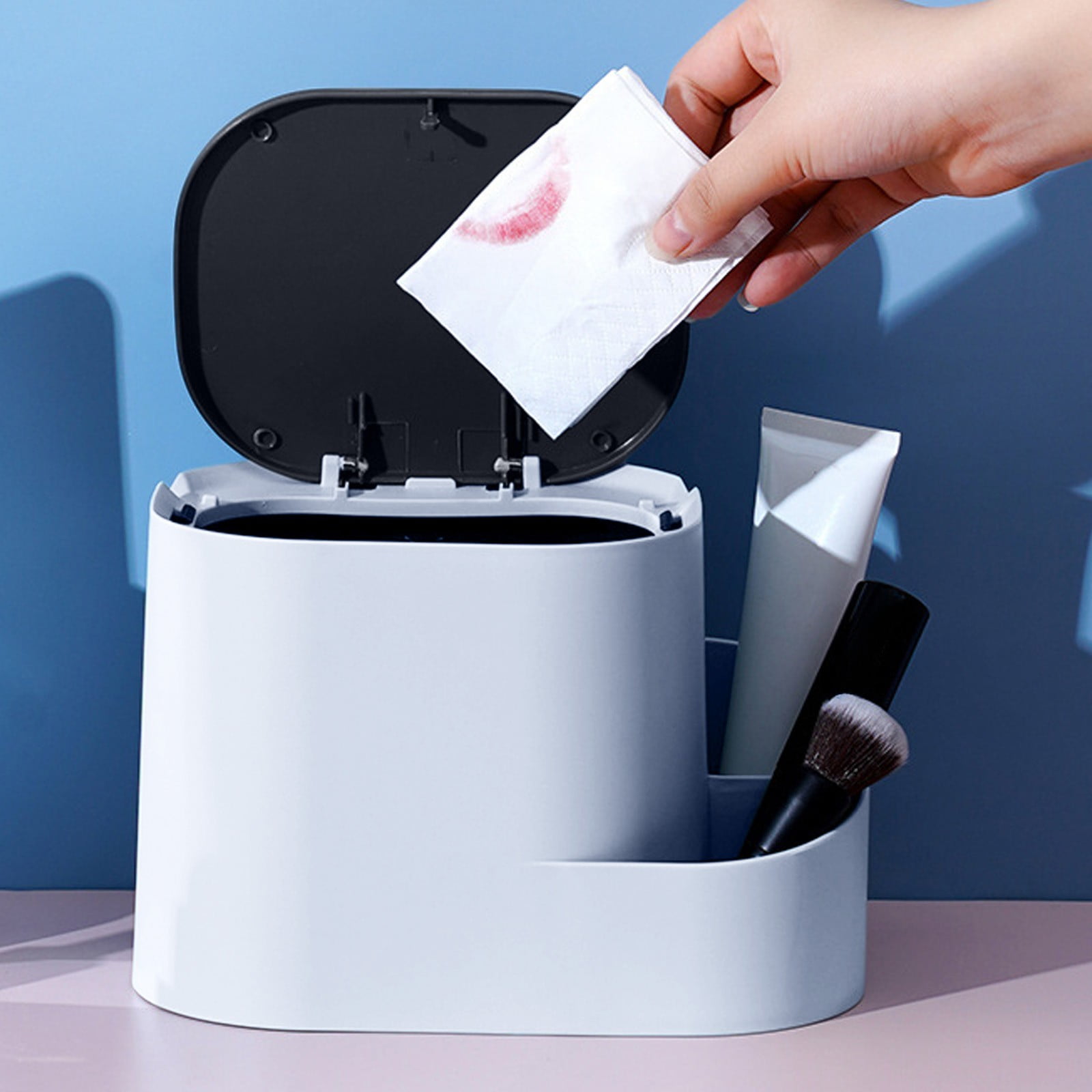 Mini Desktop Storage Bin with Phone Holder - 8.5 inch Covered Waste ...