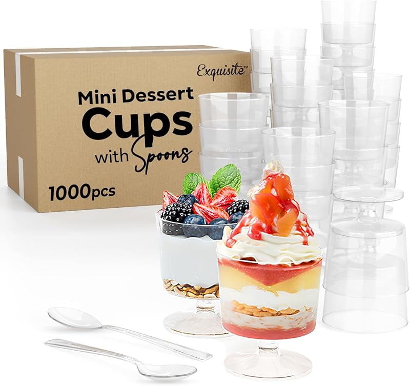 Mini Dessert Cups With Spoons 1,000 Pcs - 2 Oz Round Clear Plastic ...