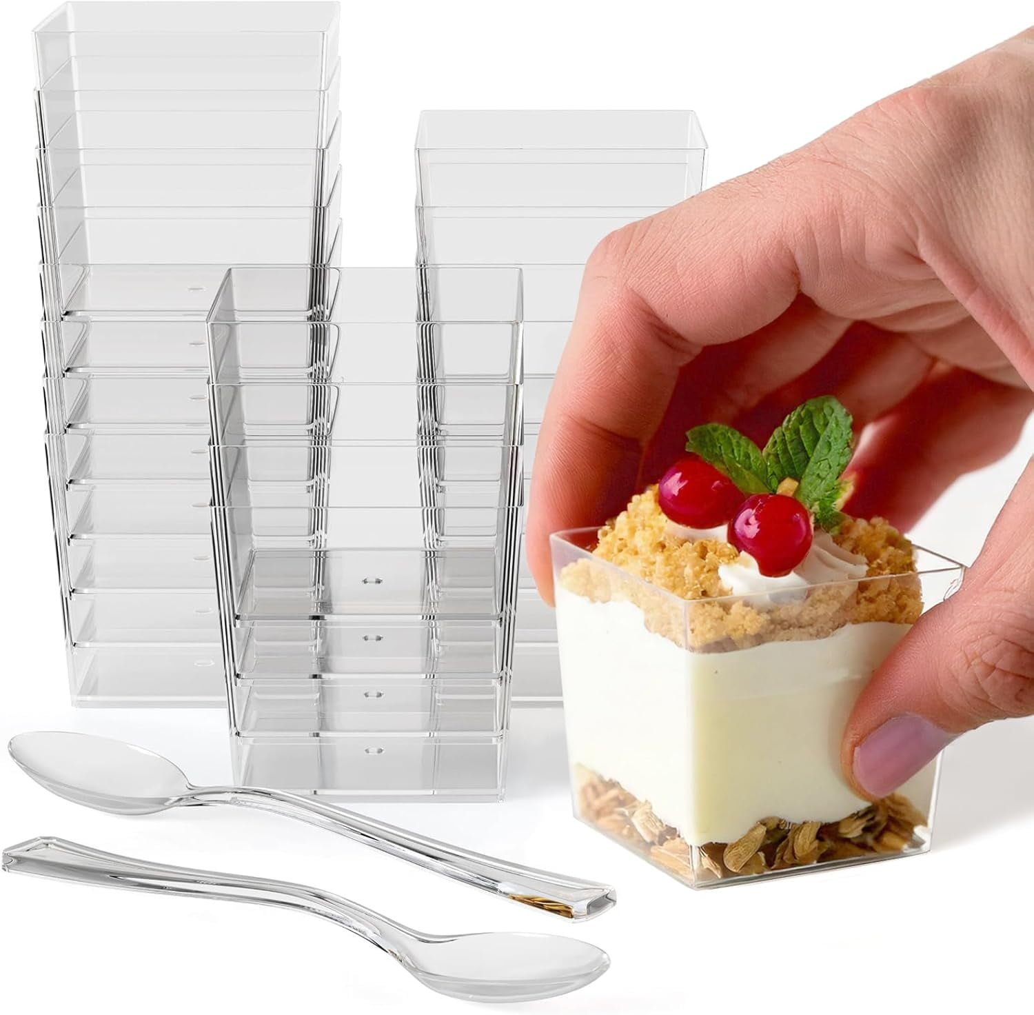 Mini Dessert Cups With Spoons 400 Pcs - 3.6 Oz Square Plastic Dessert ...