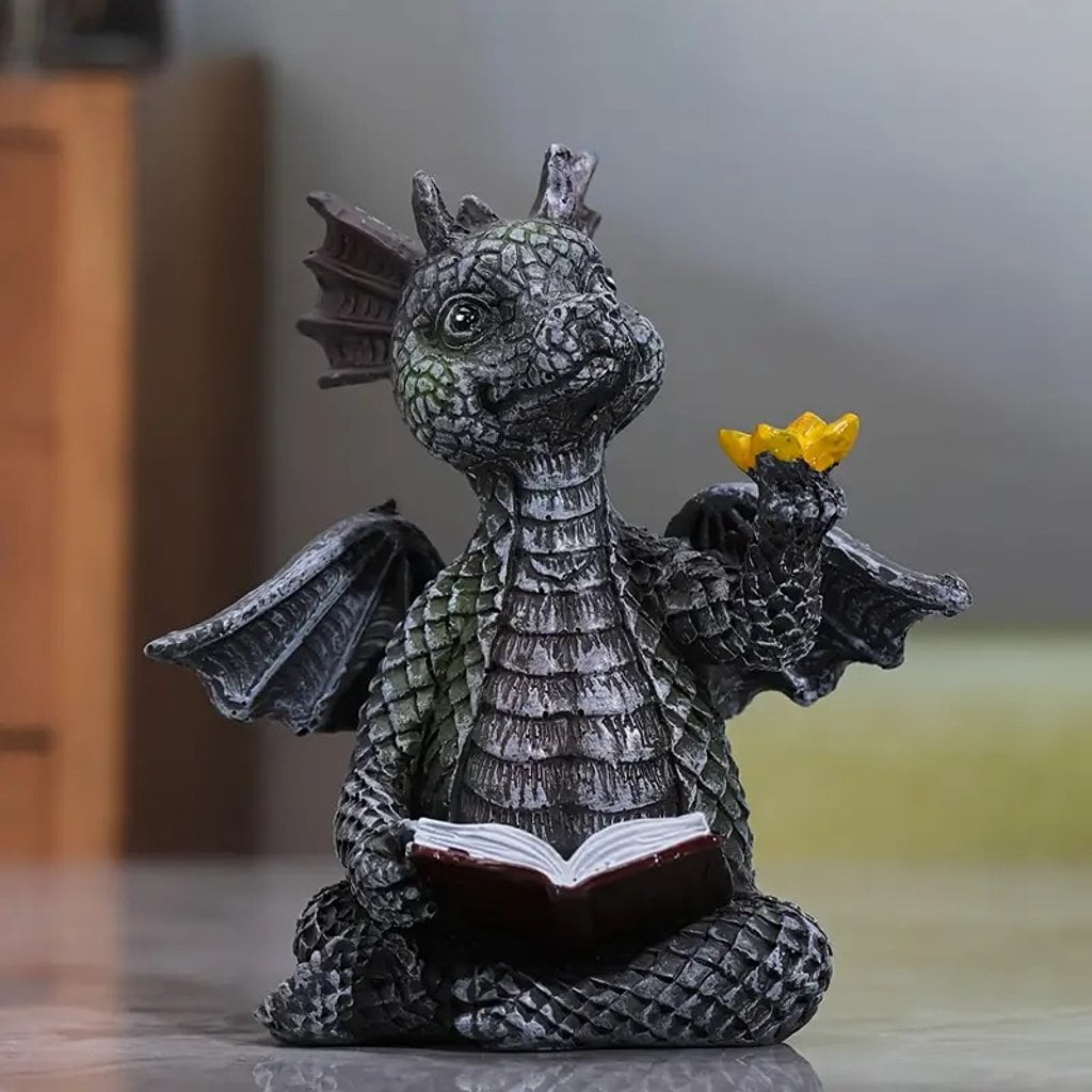 Mini Dragon Statue Reading Book Lover Flower Resin 4 Inch Figure ...