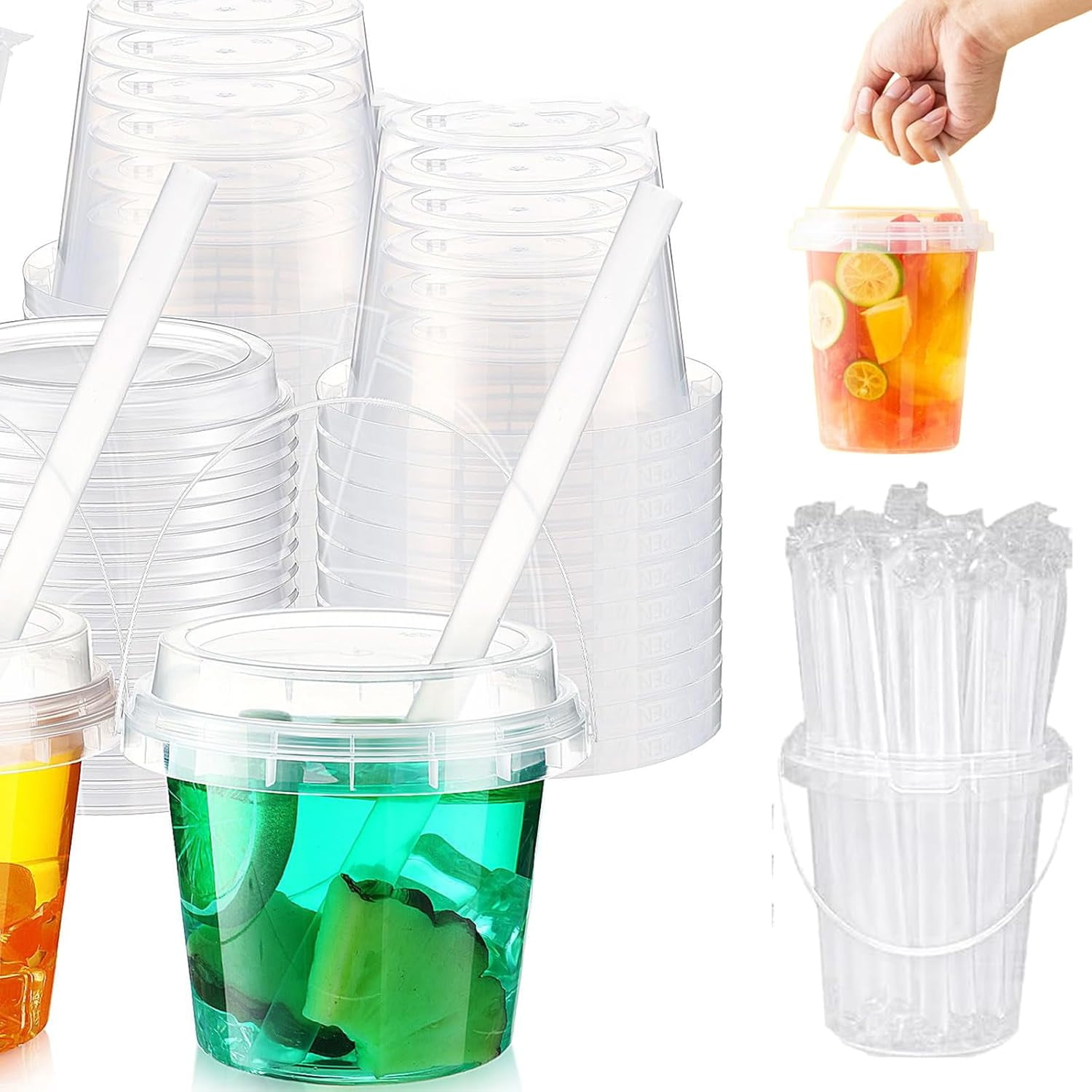 Mini Drink Buckets with Lids and Straws, 24oz Reusable Clear Plastic ...