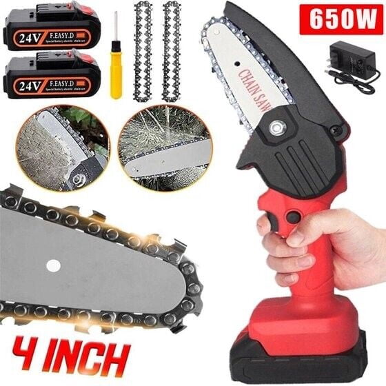 Mini Electric Chainsaw 4-Inch Cordless with 2 Batteries - 24V Portable ...