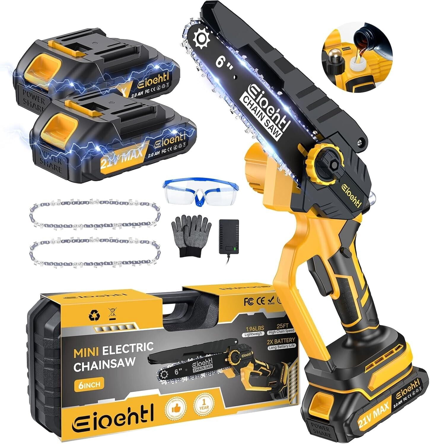 Mini Electric Chainsaw 6-Inch Cordless, 900W 21V Battery-Powered ...