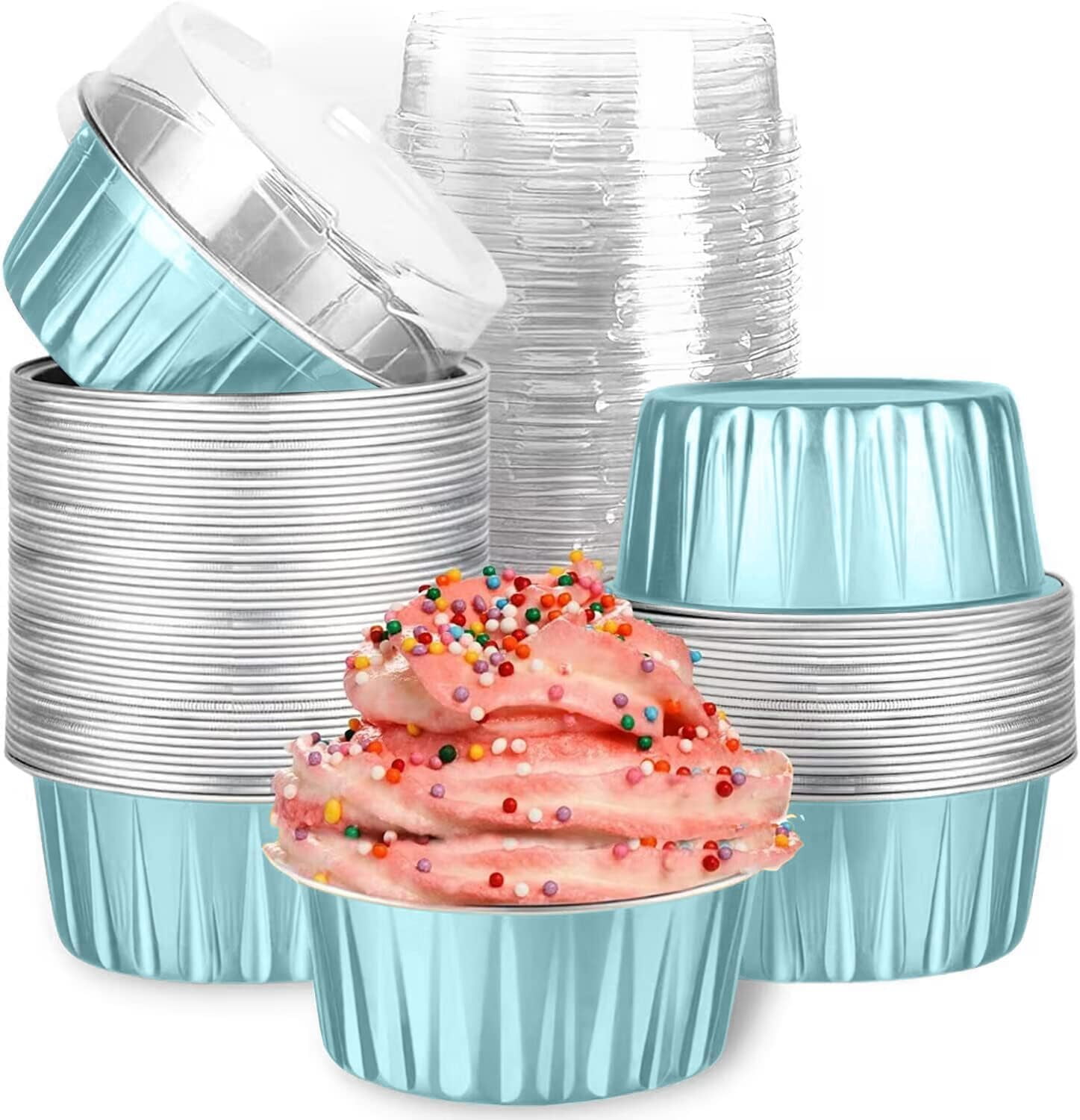 Mini Foil Cupcake Baking Cups with Lids (40 Count, 5 oz) Round Paper ...