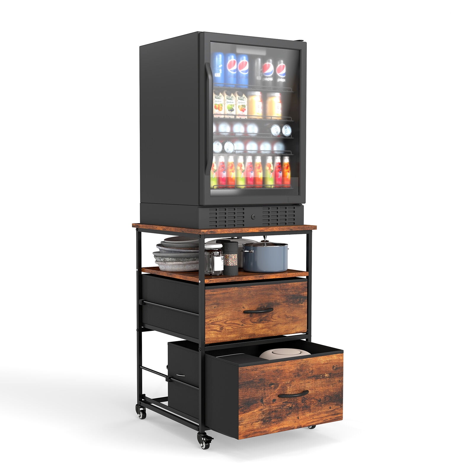 Mini Fridge Refrigerator Stand with 2 Drawers&Wheels Mini Beverage ...