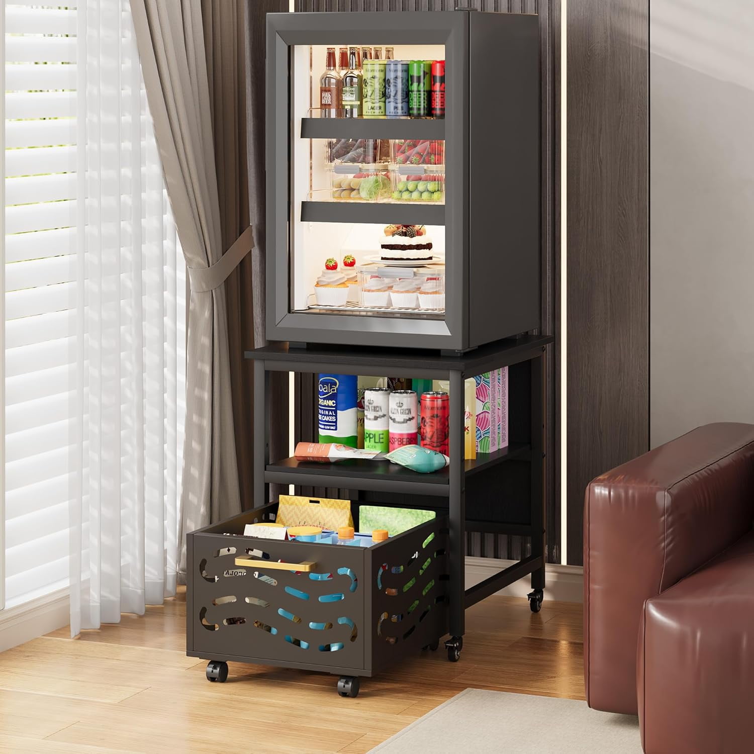 Mini Fridge Stand with Movable Metal Drawer, 6 Universal Wheels (2 ...