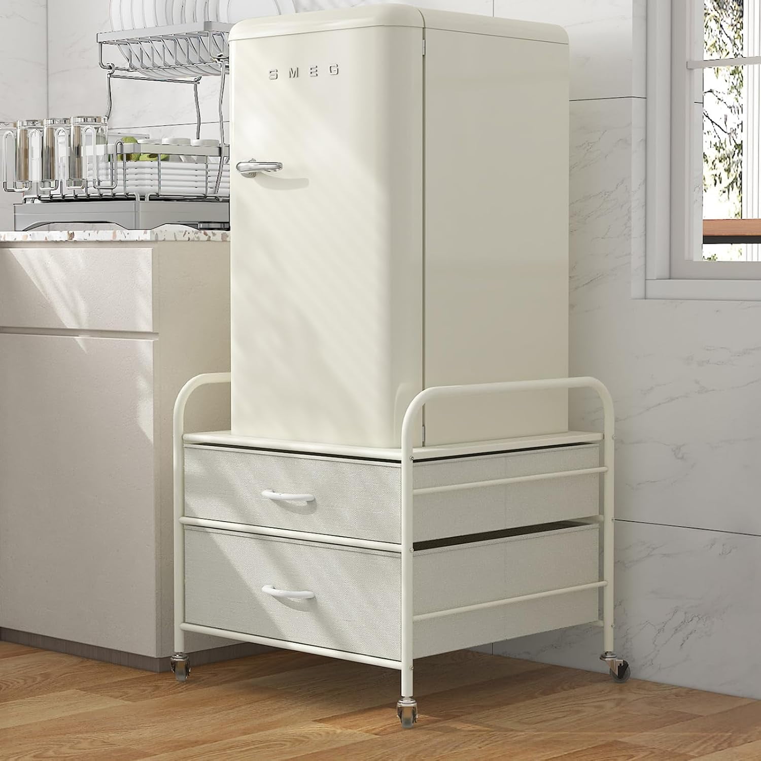 Mini Fridge Stand with Storage, 2 Drawer Fridge Organizer with Metal ...