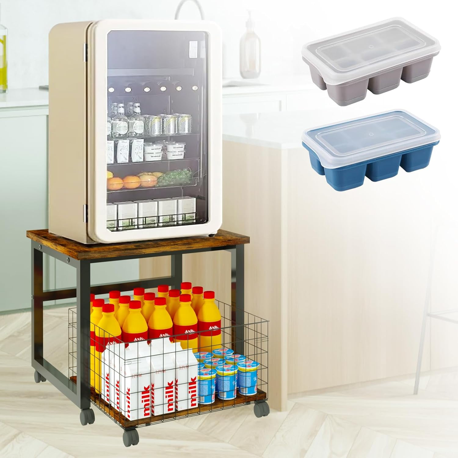 Mini Fridge Stand with Storage Basket, Mobile Refrigerator Stand ...