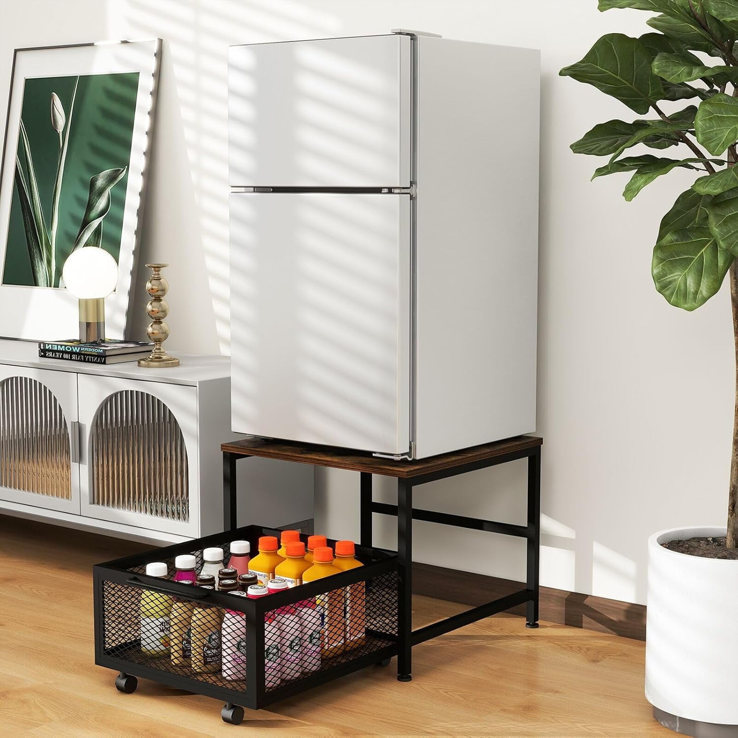 Mini Fridge Stand with Storage, Mini Refrigerator Table with Rolling ...