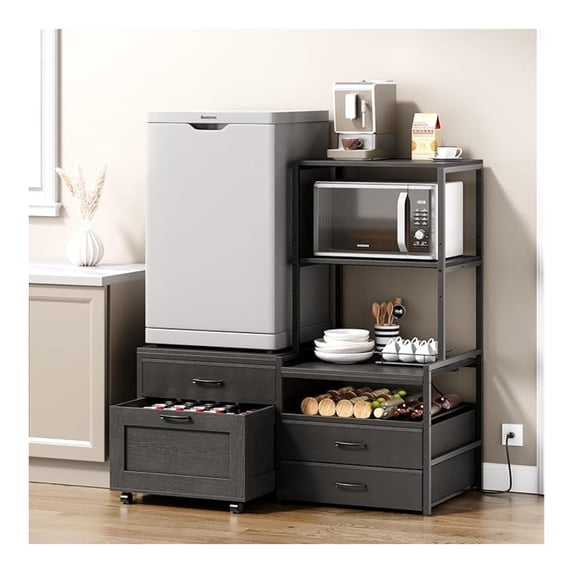 Mini Fridge Stand with Wine Rack, Kitchen Bakers Rack with Power Outlet ...