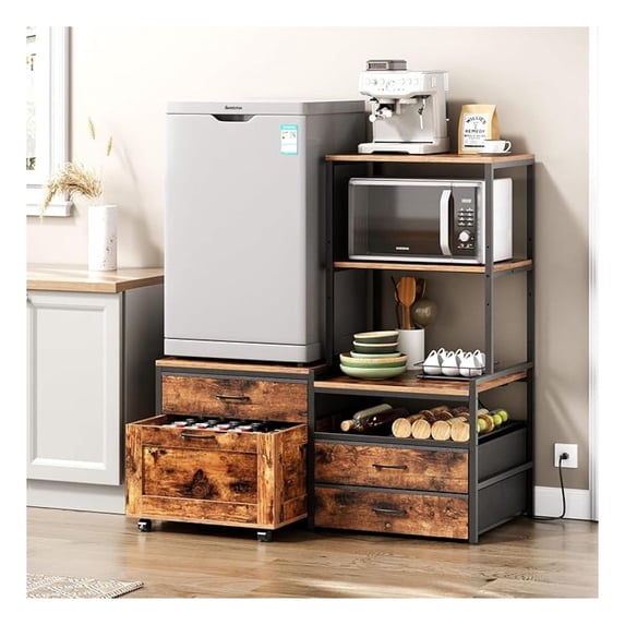Mini Fridge Stand with Wine Rack, Kitchen Bakers Rack with Power Outlet ...