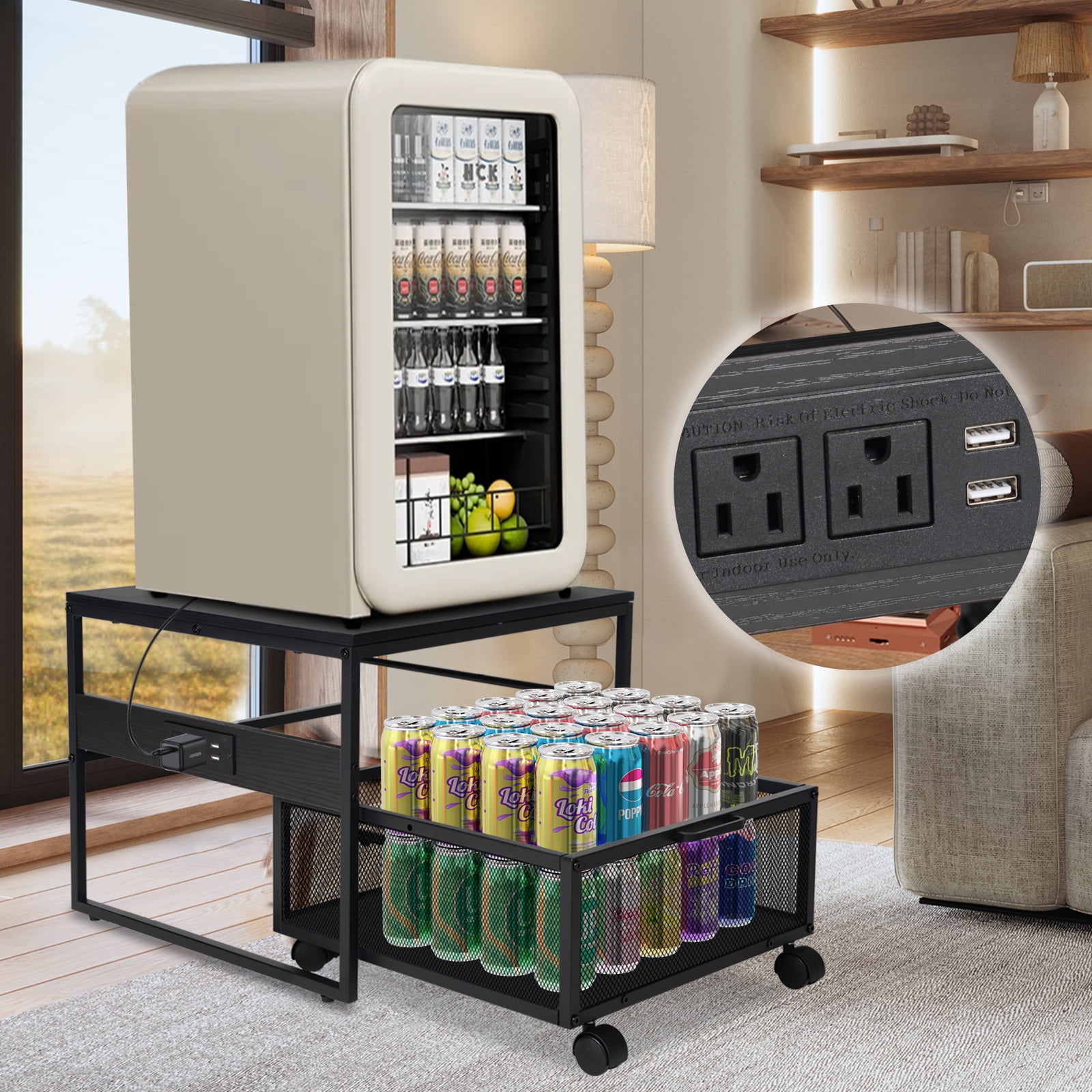 Mini Fridge Stand with Wheels - Fridge Table with Storage & Outlets ...