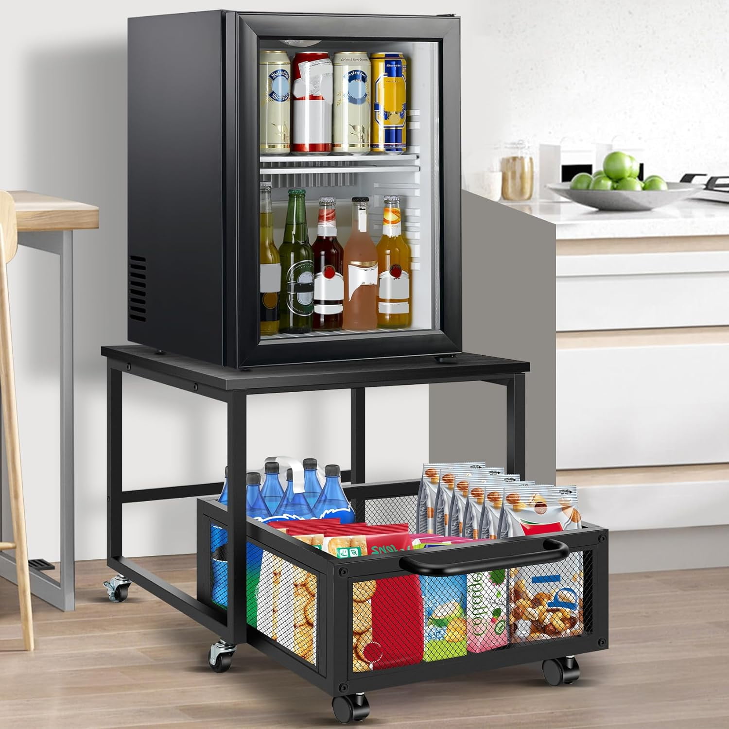 Mini Fridge Table with Storage and Wheels, Mini Refrigerator Stand with ...