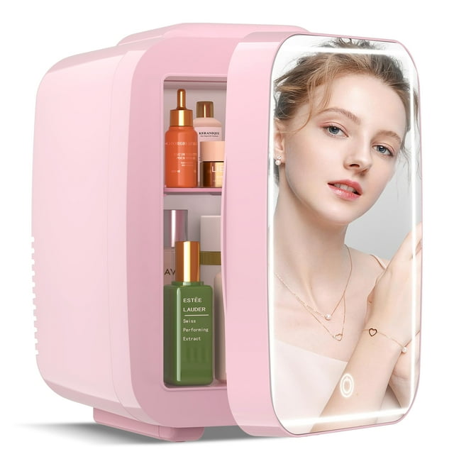 Acmetop Skincare Fridge With Dimmable Led Light Mirror4l6 Can Mini Fridge For Skincare And