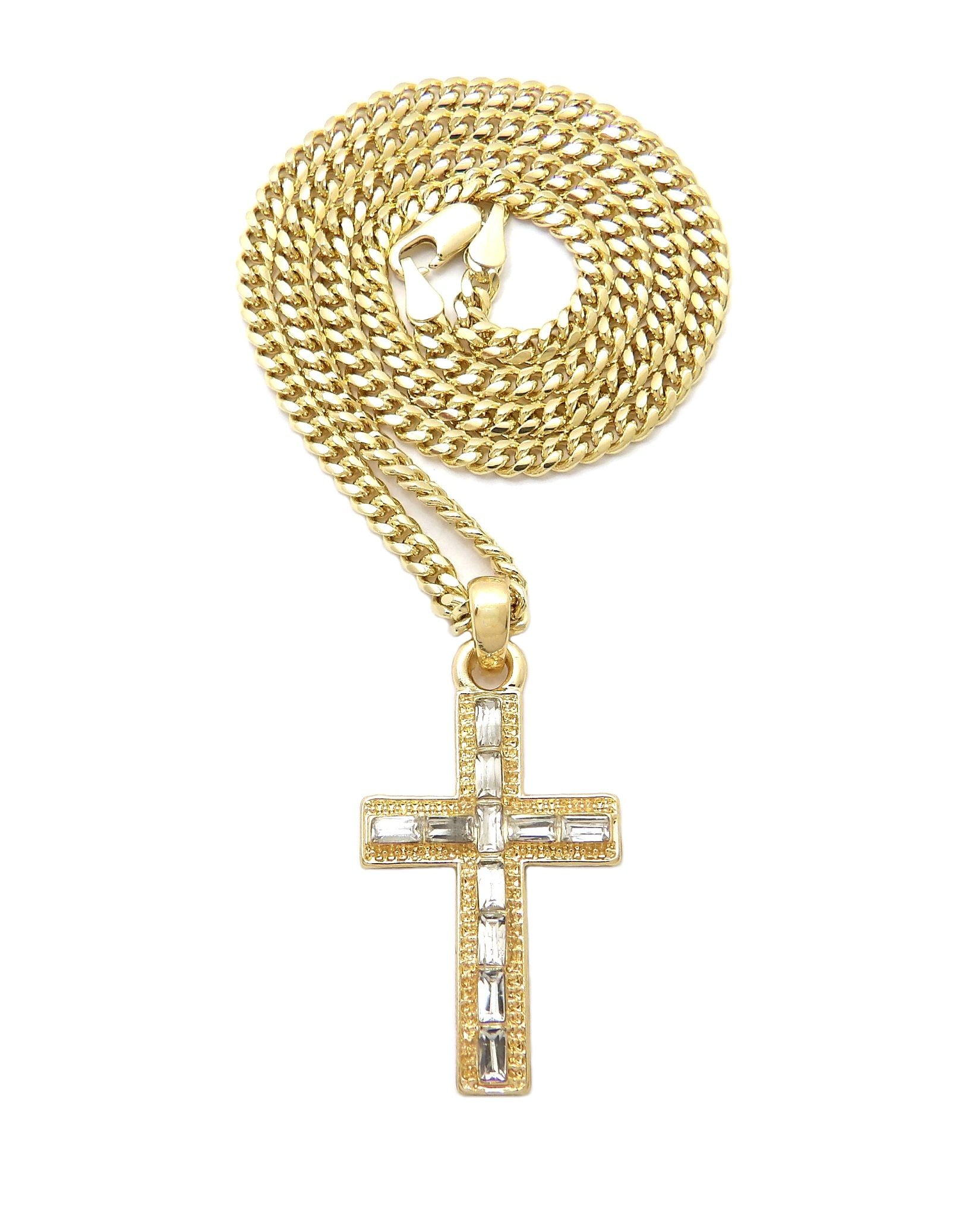 Mini Gemstone Cross Pendant with 3mm Cuban Chain Necklace, Gold-Tone ...