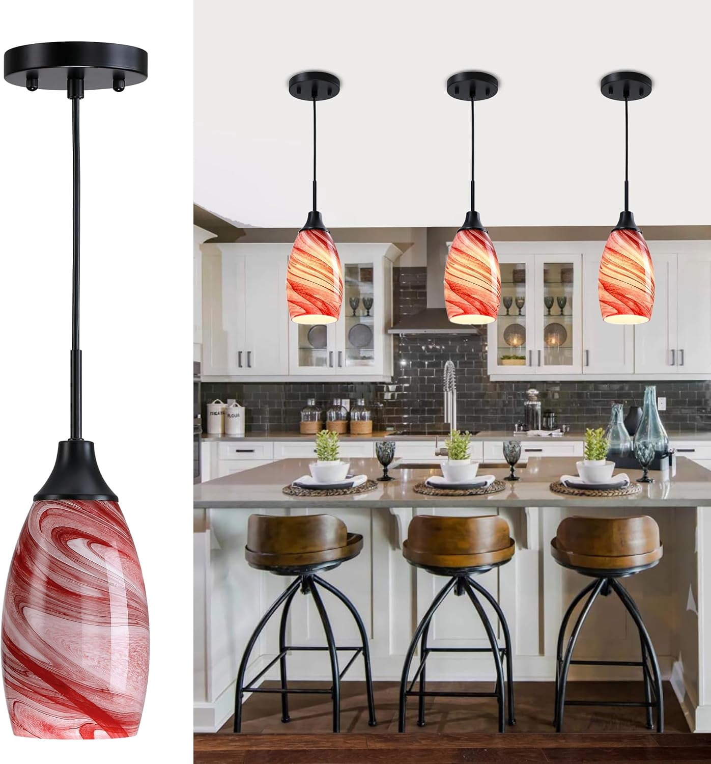 Mini Glass Pendant Light 1-Pack with Handblown Art Burgundy Marble ...