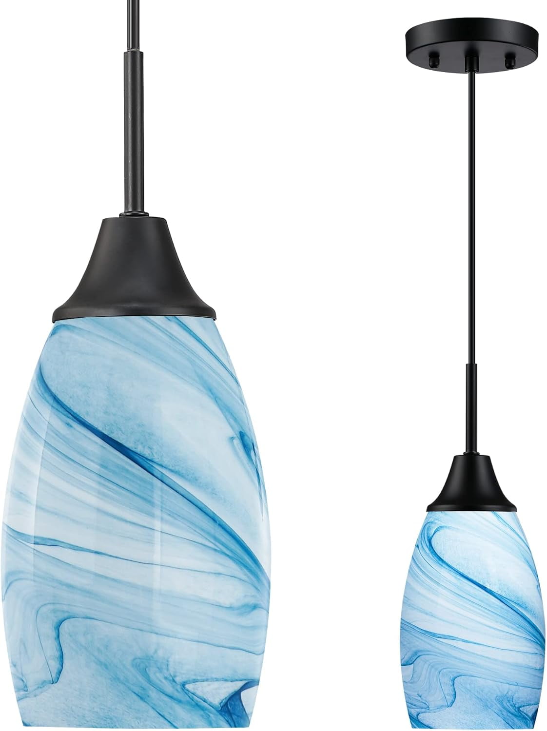 Mini Glass Pendant Light 1-Pack with Handblown Blue Marble Art Oval ...