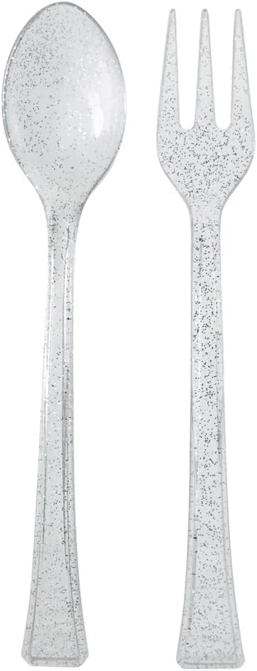 Mini Glitter Silver Spoon and Fork Plastic Combo Set – Durable ...