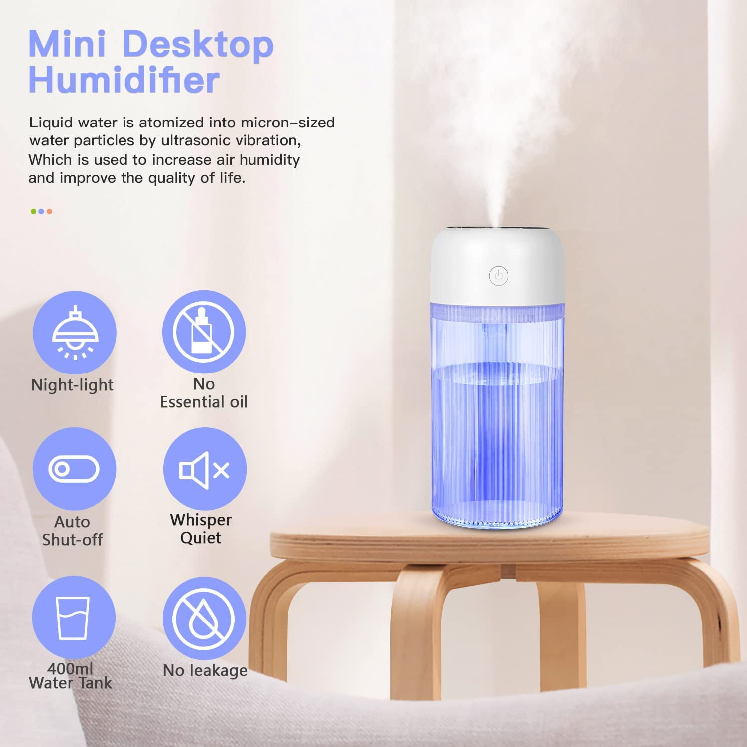 Mini Humidifier, 400ml Desktop Portable Humidifiers, 7 Color LED Night ...