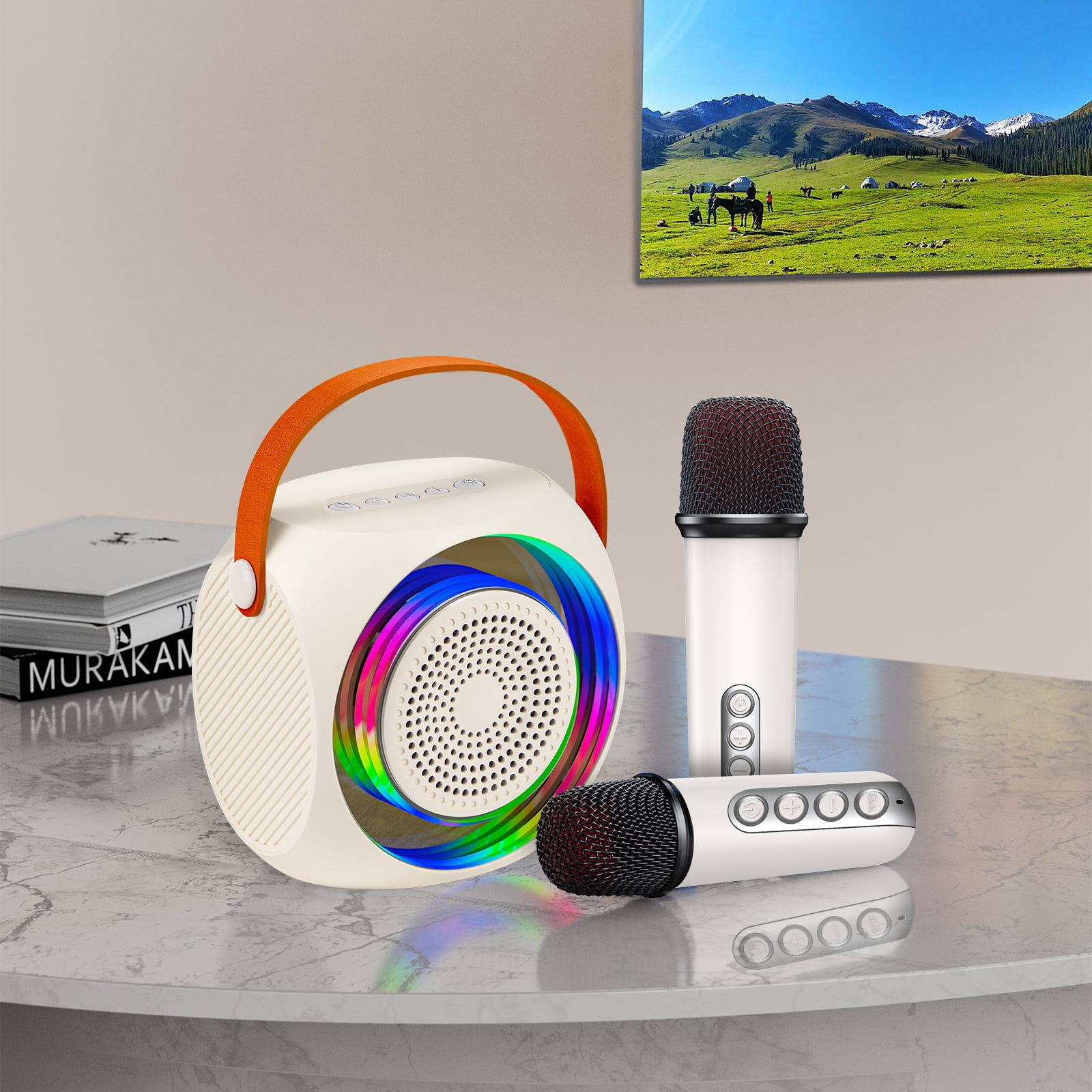 Mini Karaoke Machine, Portable Bluetooth Speaker with 2 Wireless Microphones for Kids and Adults ...