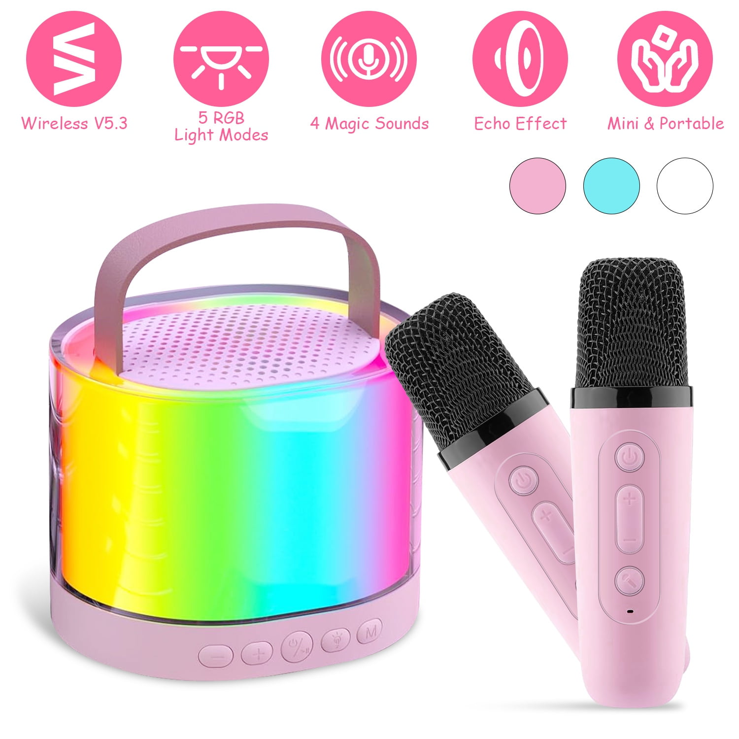 Mini Karaoke Machine, Portable Karaoke Set w/ 2 Wireless Microphones ...