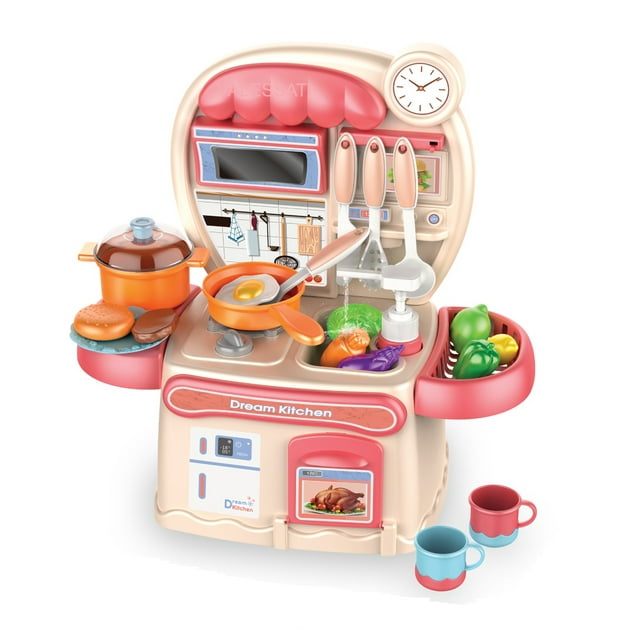 Mini Kitchen Playset for Kids Pink Cooking Toys Play Food 18 Pc for ...