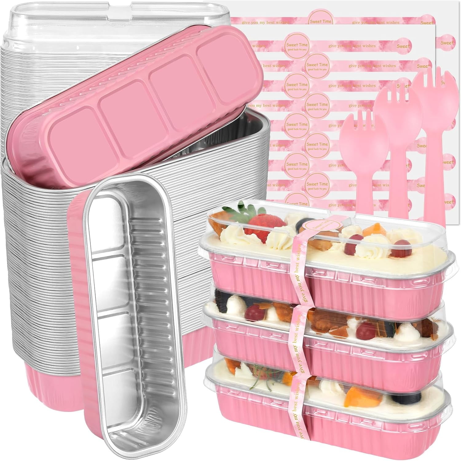 Mini Loaf Pans with Lids and Spoons (100 Pack, Pink, 6.8oz) Rectangular ...