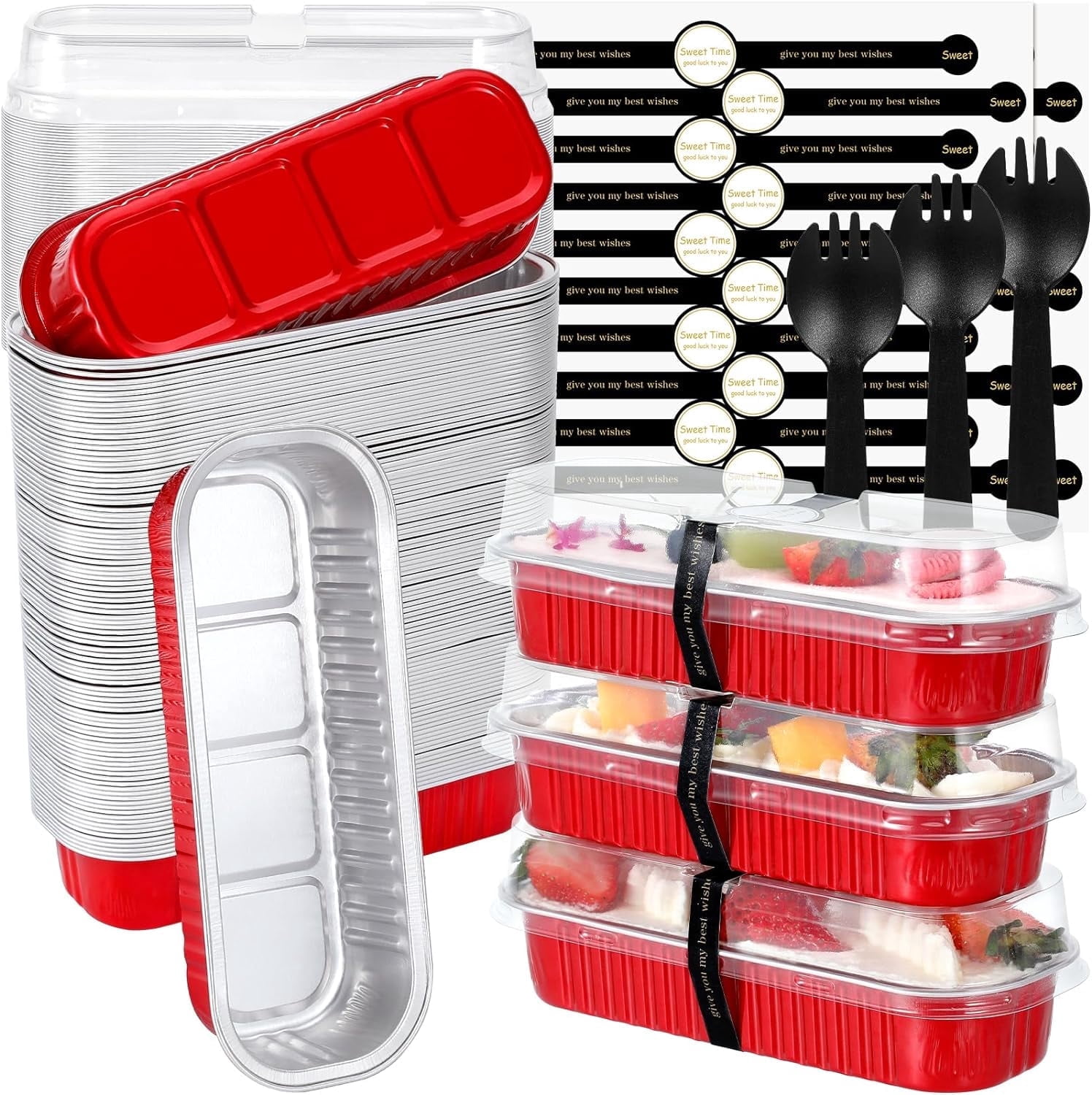 Mini Loaf Pans with Lids and Spoons, 100 Pack, Red, 6.8oz, Rectangular ...