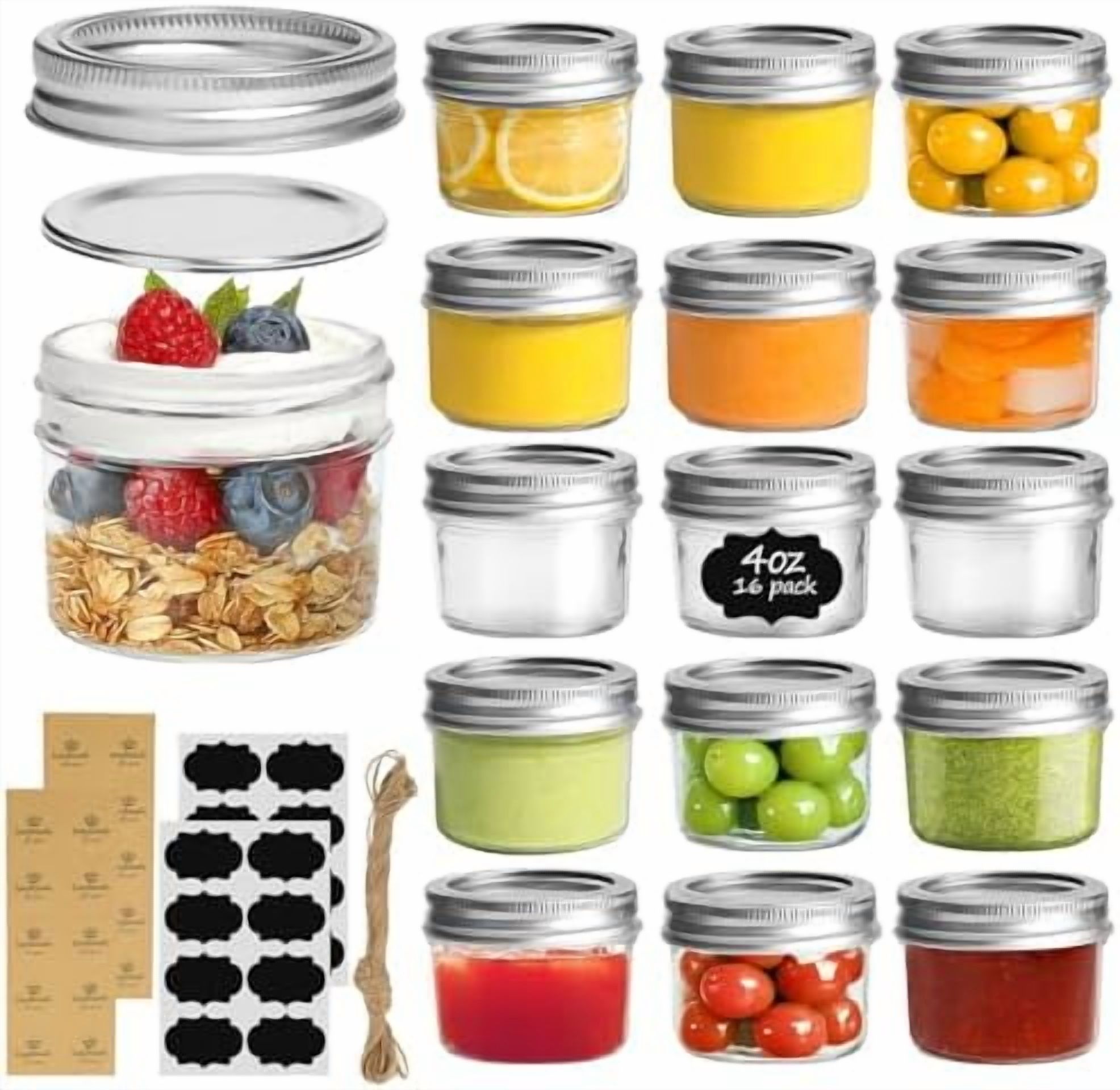 Mini Mason Jars 4oz - 16 Pack, Regular Mouth Mason Jar with Lids and ...