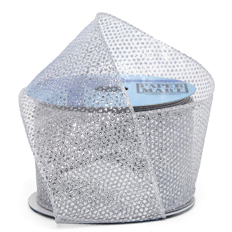 Mini/Micro Metallic Dots On Wired Ribbon, 2 1/2" X 10 Yards, Silver ...